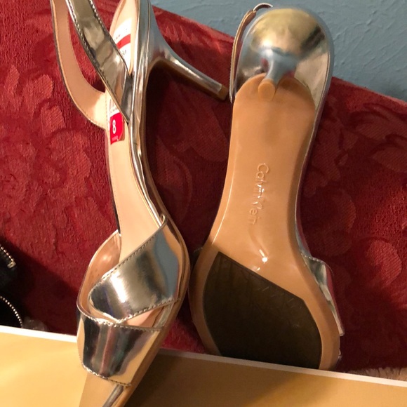 Calvin Klein | Shoes | Calvin Kleins Silver Leather Sandals | Poshmark